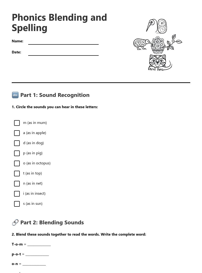 Phonics Blending and Spelling — Free Printable Worksheet for English ...