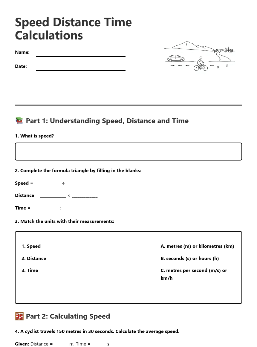 Speed Distance Time Calculations — Free Printable Worksheet for ...