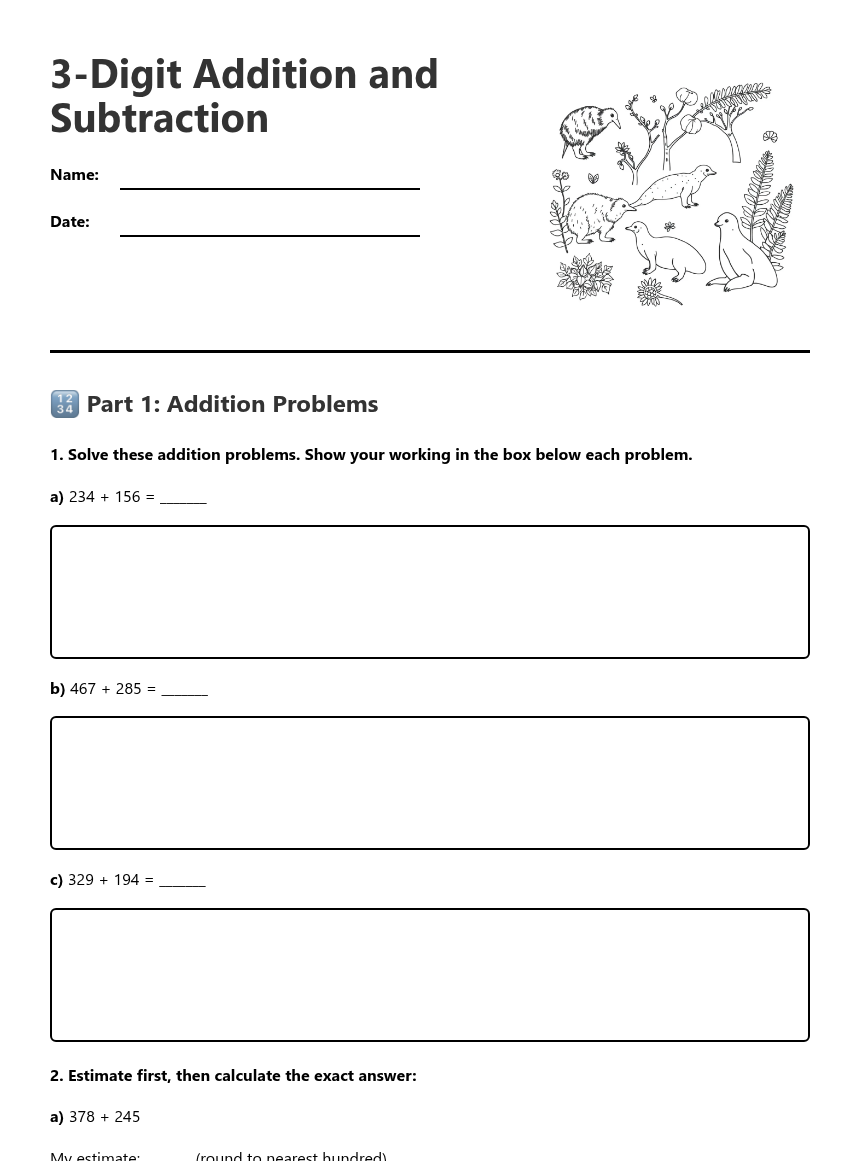 3-Digit Addition Subtraction — Free Printable Worksheet | Kuraplan