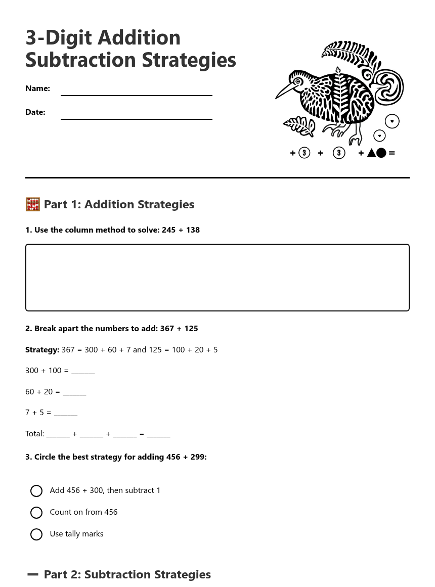 3-Digit Addition Subtraction Strategies — Free Printable Worksheet for ...