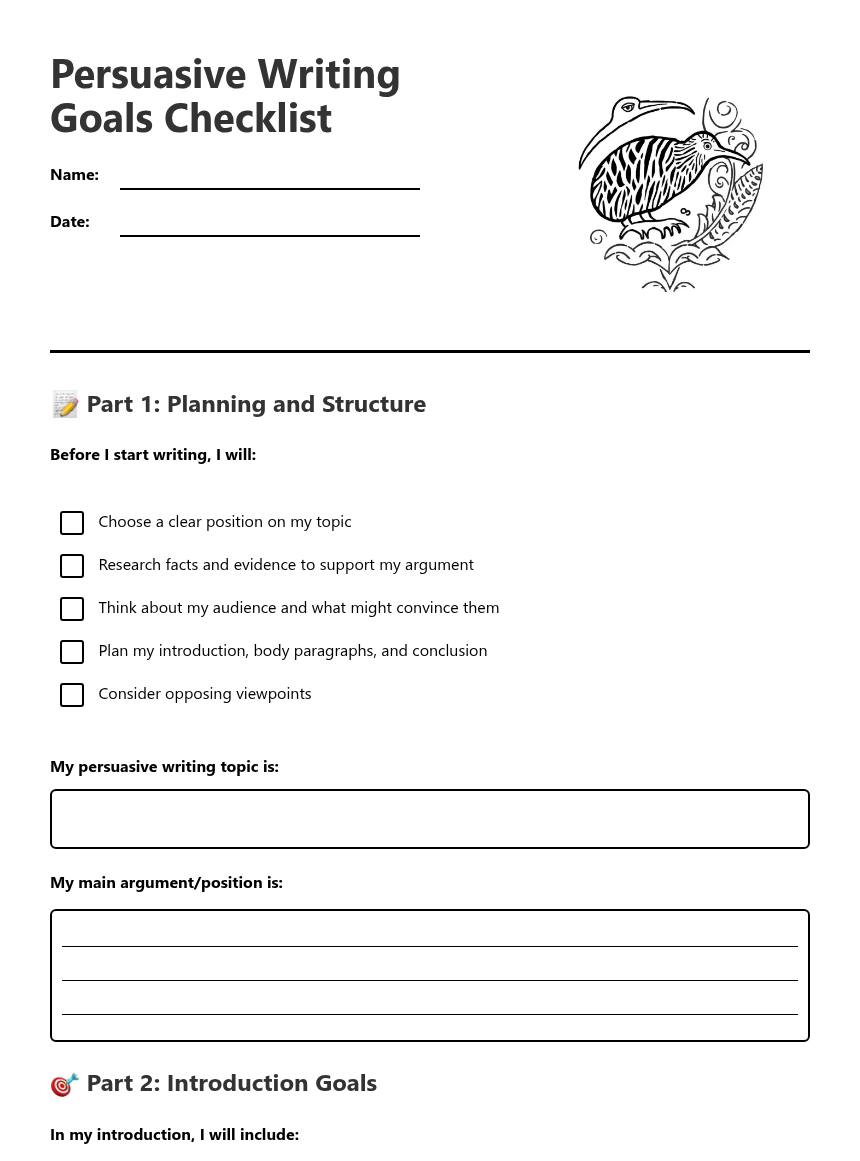 Persuasive Writing Goals Checklist — Free Printable Worksheet for ...