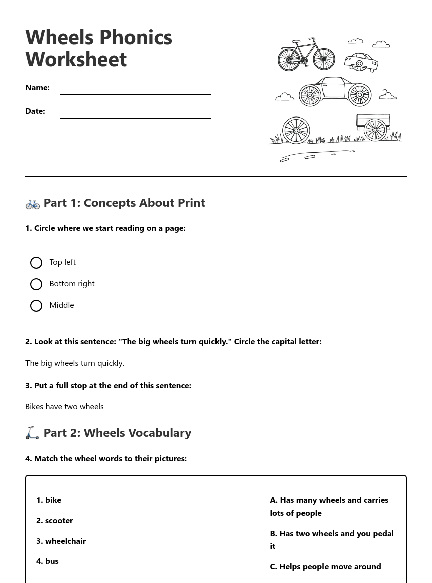 Wheels Phonics Worksheet — Free Printable Worksheet for English | Kuraplan