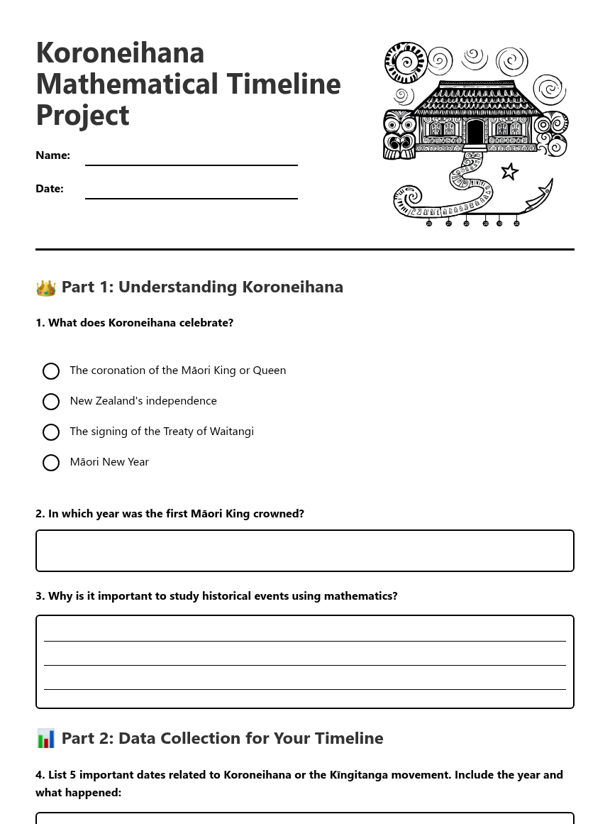 Koroneihana Mathematical Timeline Project — Free Printable Worksheet ...