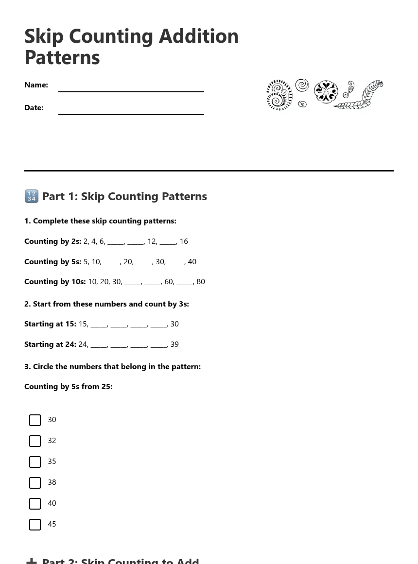 Skip Counting Addition Patterns — Free Printable Worksheet for Maths ...