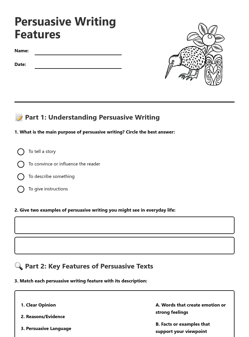Persuasive Writing Features — Free Printable Worksheet for English ...