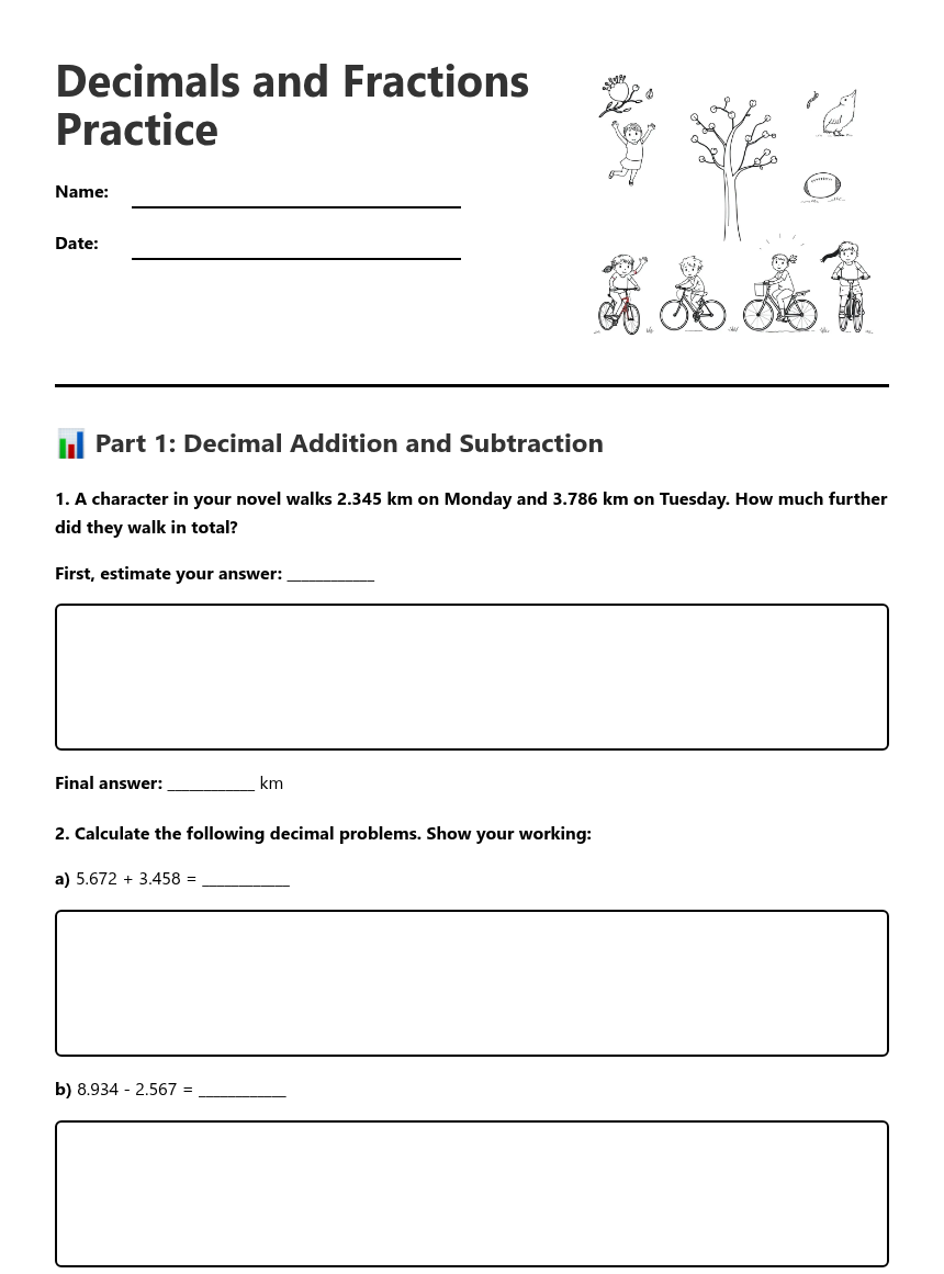 Decimals and Fractions Practice — Free Printable Worksheet | Kuraplan