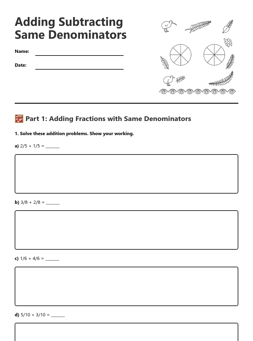 Adding Subtracting Same Denominators — Free Printable Worksheet for ...