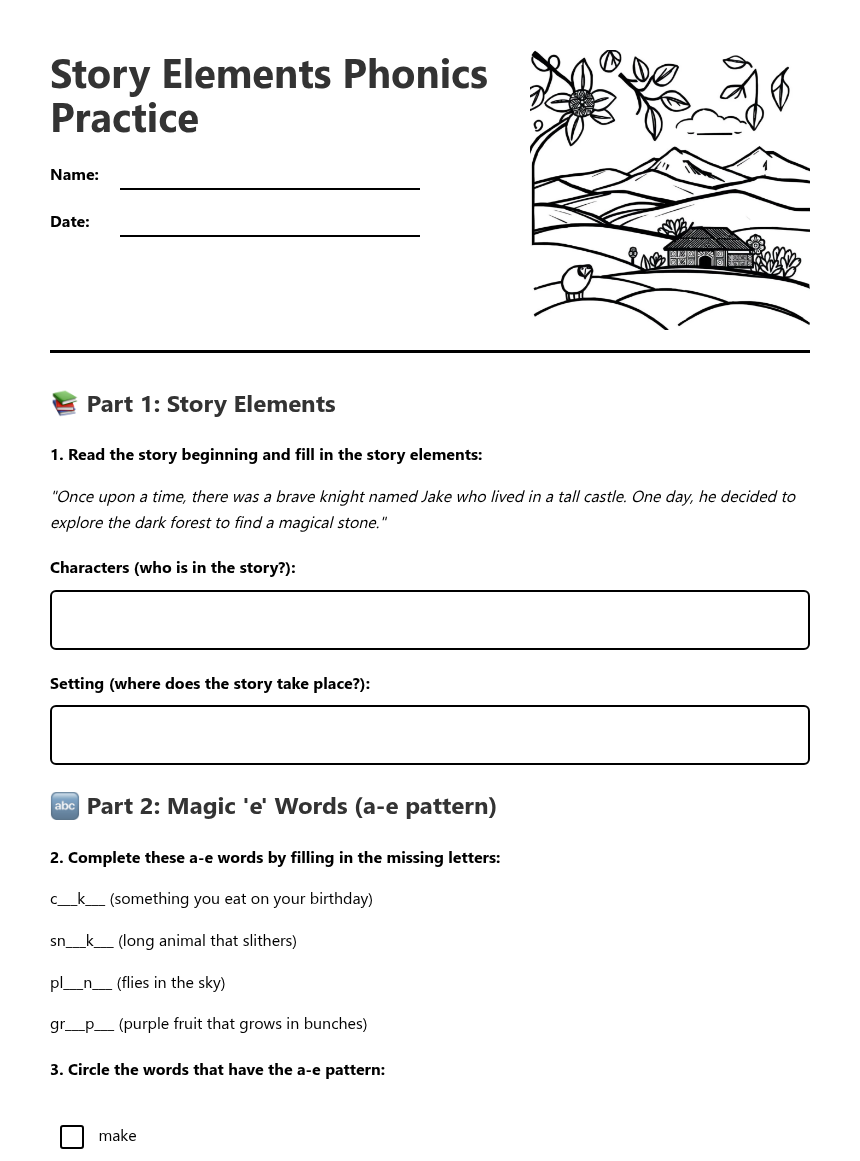 Story Elements Phonics Practice — Free Printable Worksheet | Kuraplan