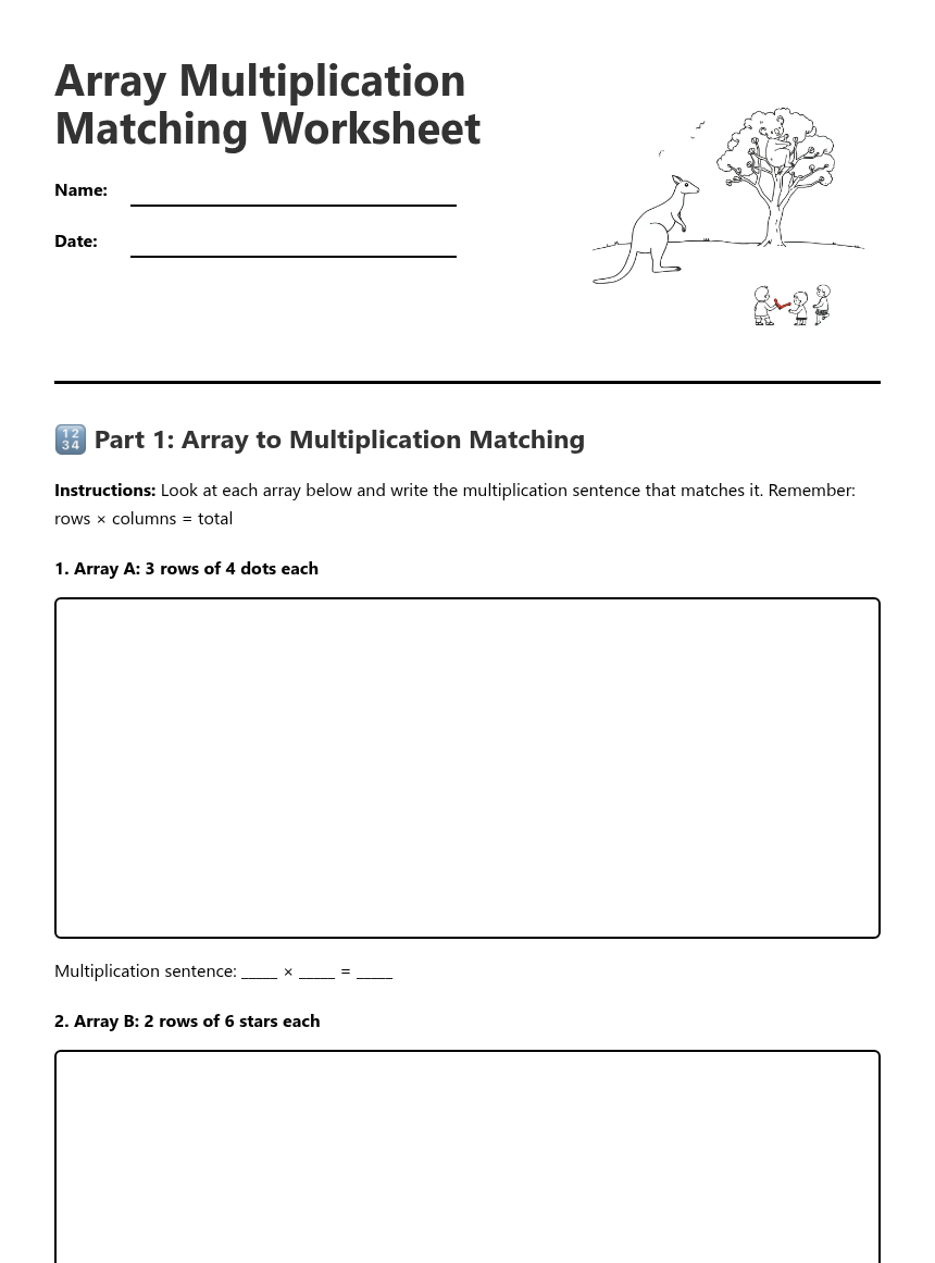 Array Multiplication Matching Worksheet — Free Printable Worksheet for ...