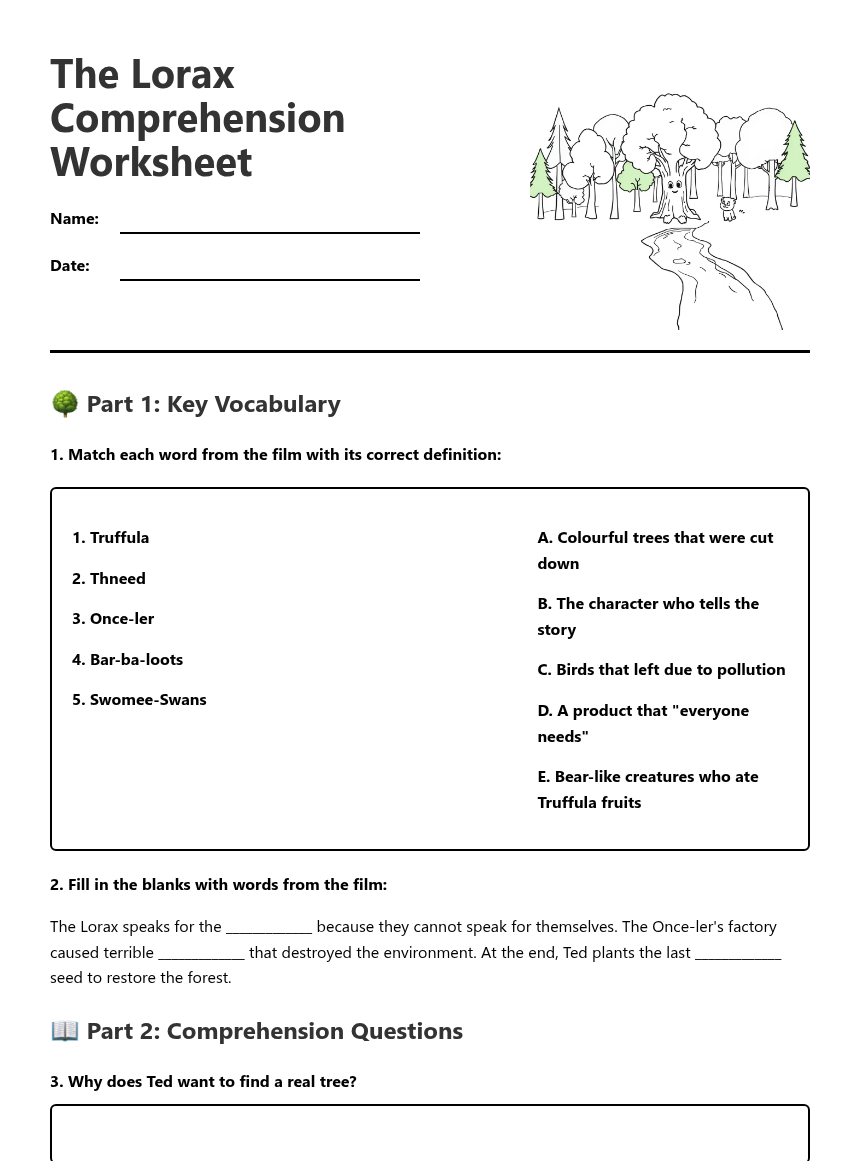 The Lorax Comprehension Worksheet — Free Printable Worksheet for ...