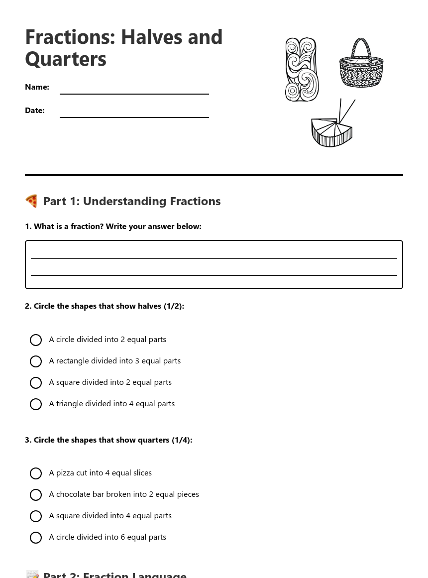 Fractions: Halves and Quarters — Free Printable Worksheet for Maths ...