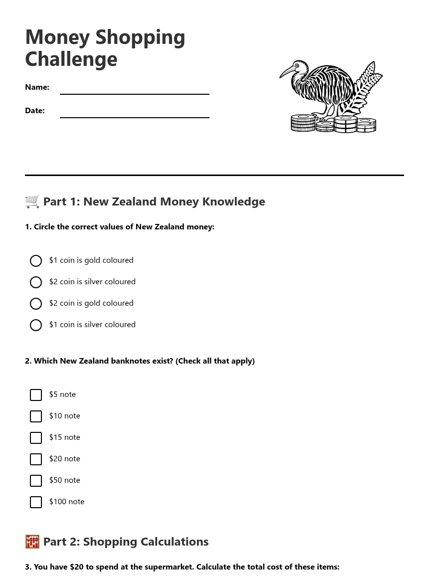 Money Shopping Challenge — Free Printable Worksheet | Kuraplan