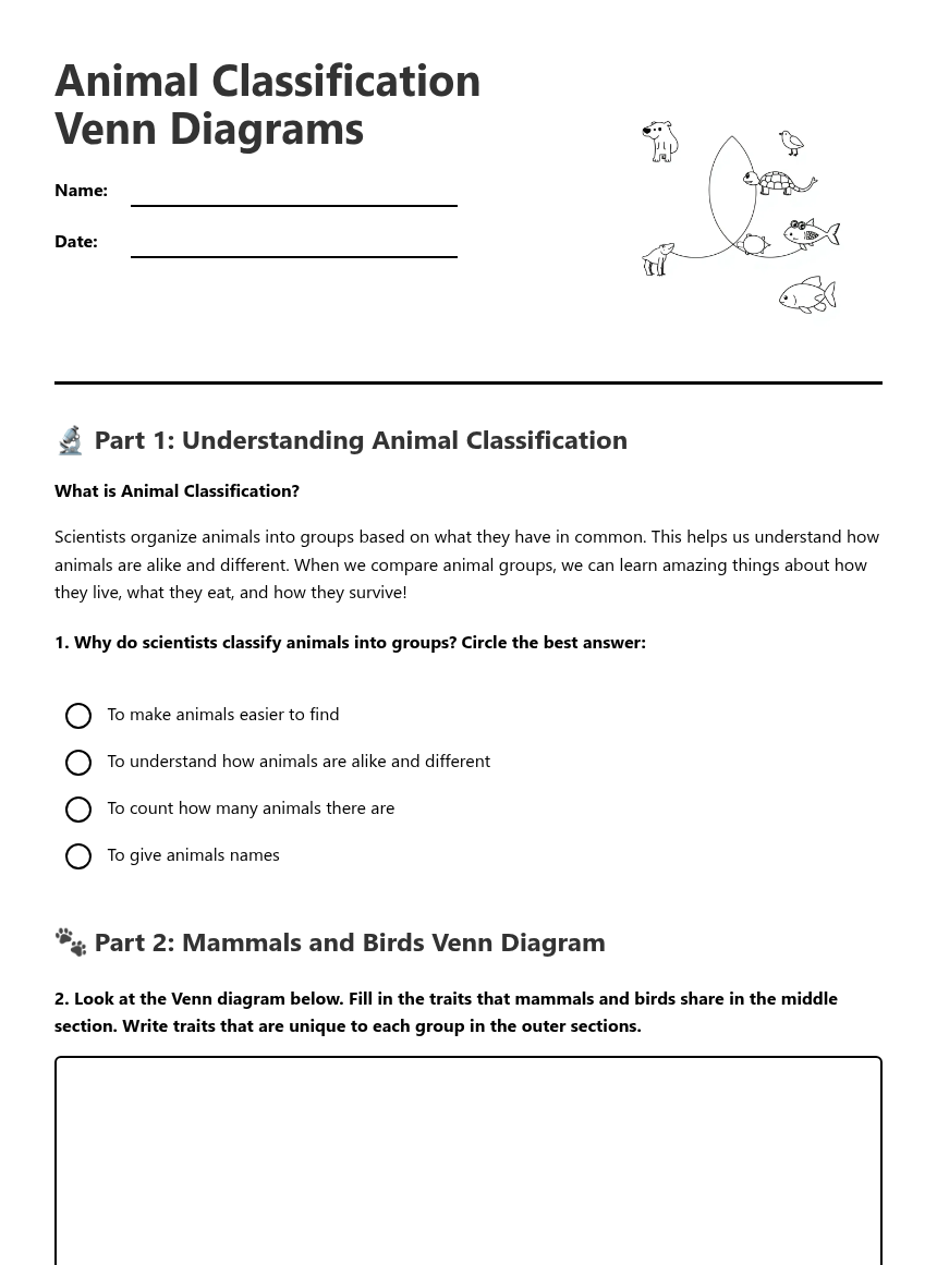 Animal Classification Venn Diagrams — Free Printable Worksheet for ...
