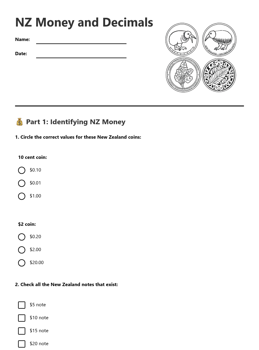 NZ Money and Decimals — Free Printable Worksheet | Kuraplan