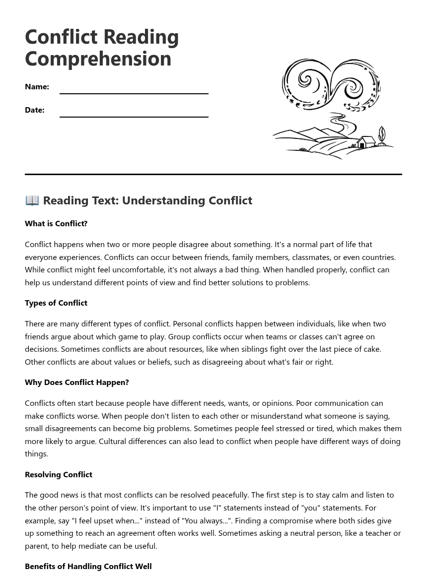 Conflict Reading Comprehension — Free Printable Worksheet | Kuraplan