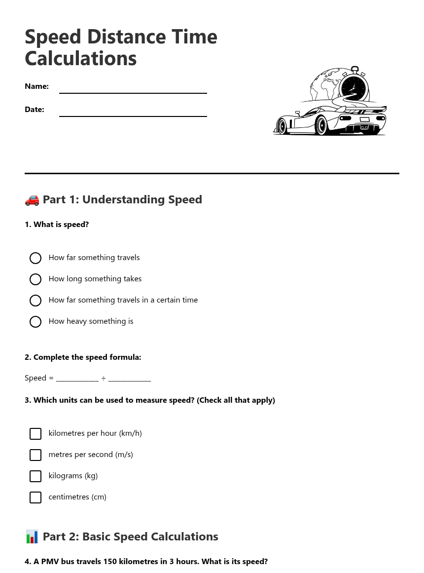 Speed Distance Time Calculations — Free Printable Worksheet for ...