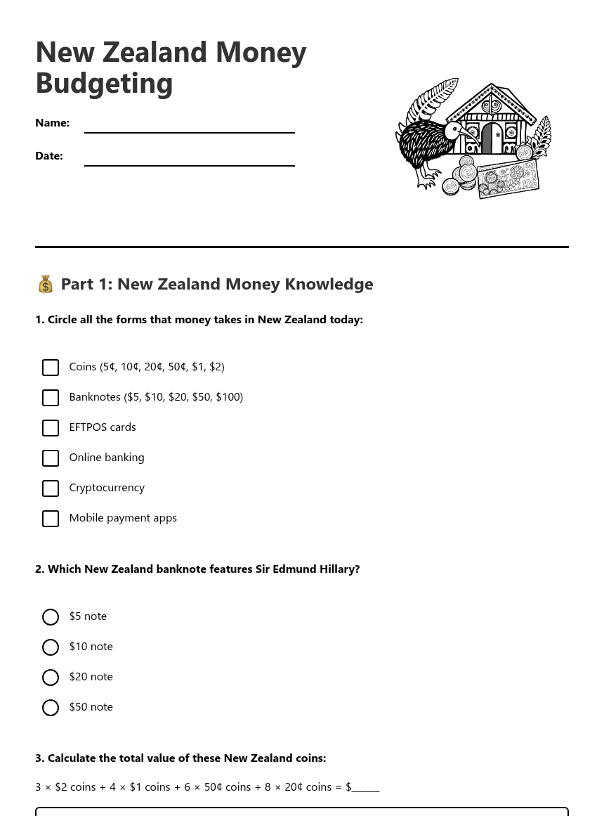 New Zealand Money Budgeting — Free Printable Worksheet | Kuraplan