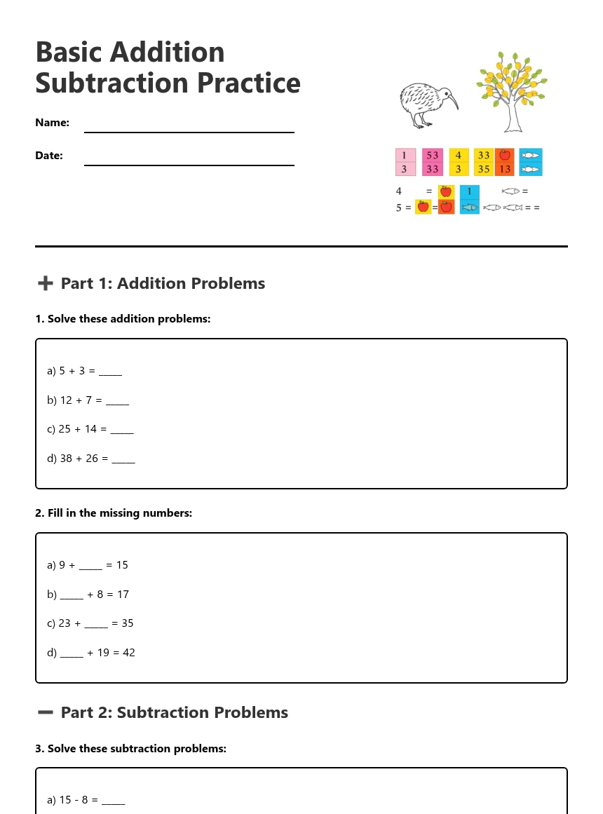 Basic Addition Subtraction Practice — Free Printable Worksheet for ...