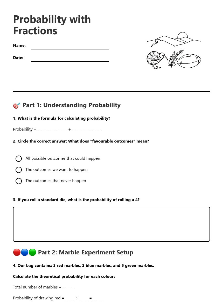 Probability with Fractions — Free Printable Worksheet for Maths | Kuraplan