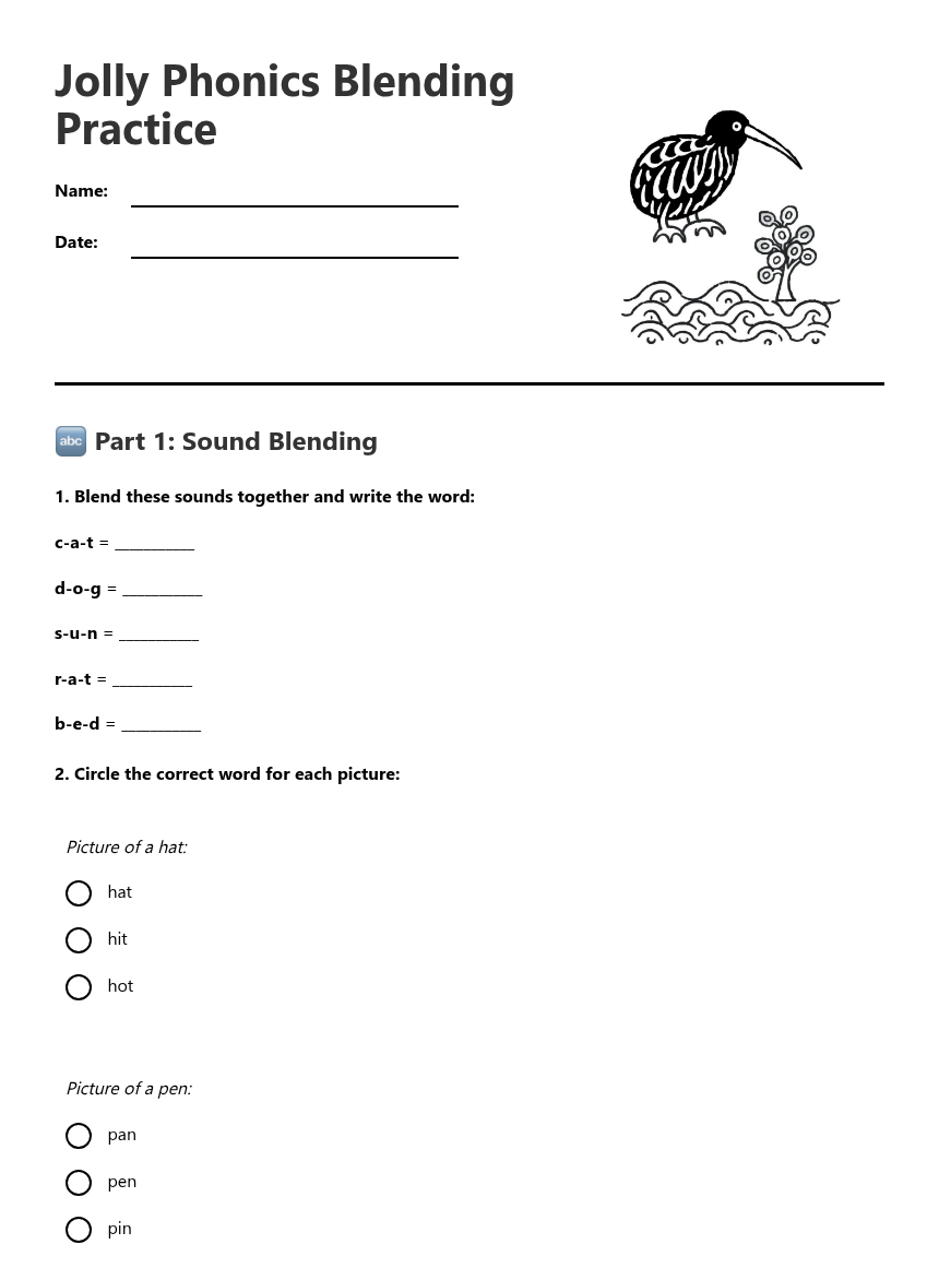 Jolly Phonics Blending Practice — Free Printable Worksheet for English ...