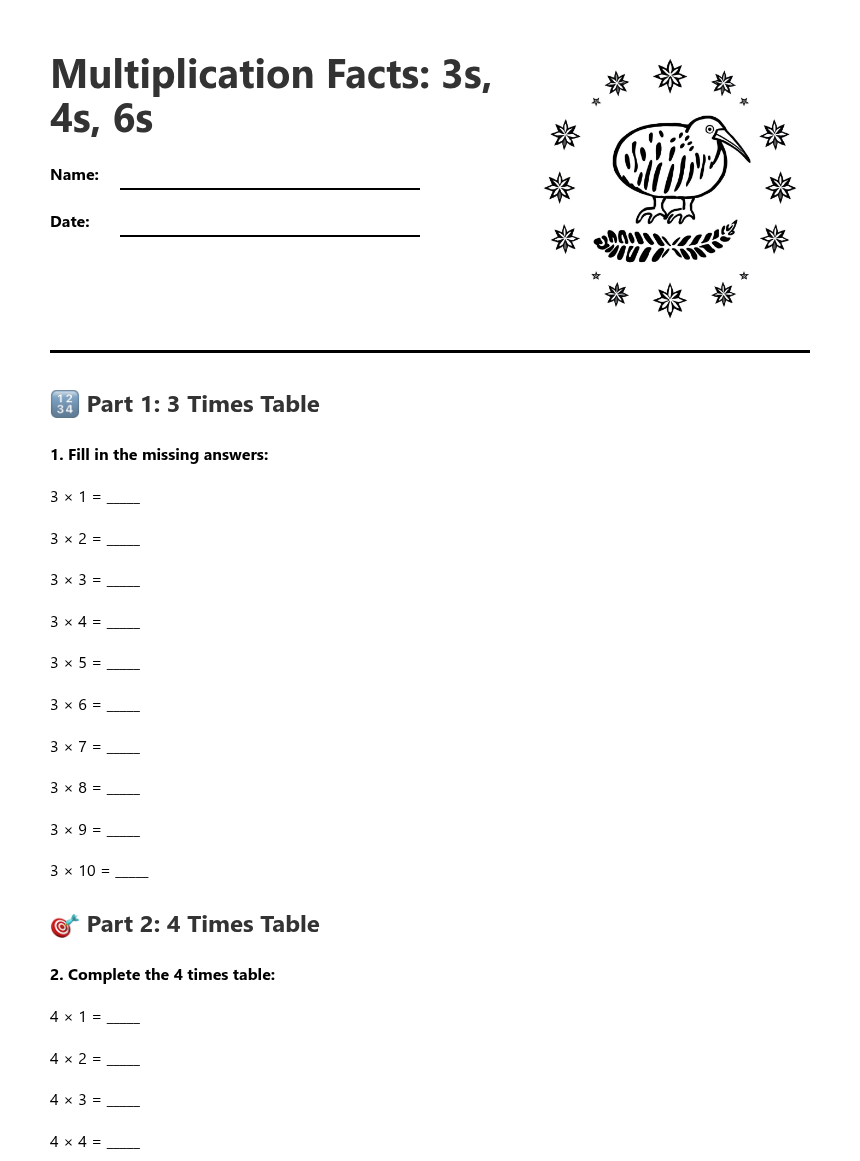 Multiplication Facts: 3s, 4s, 6s — Free Printable Worksheet for Maths ...
