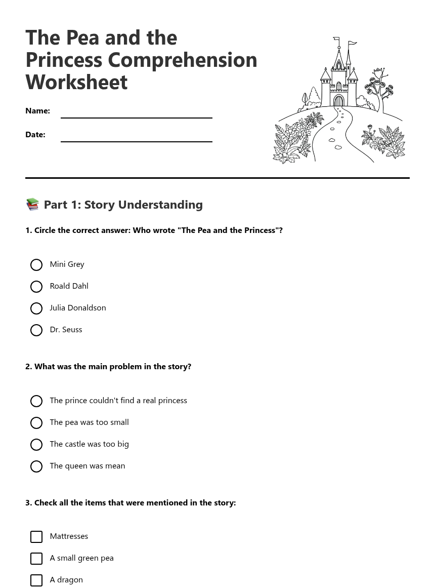 Pea Princess Comprehension Worksheet — Free Printable Worksheet for ...