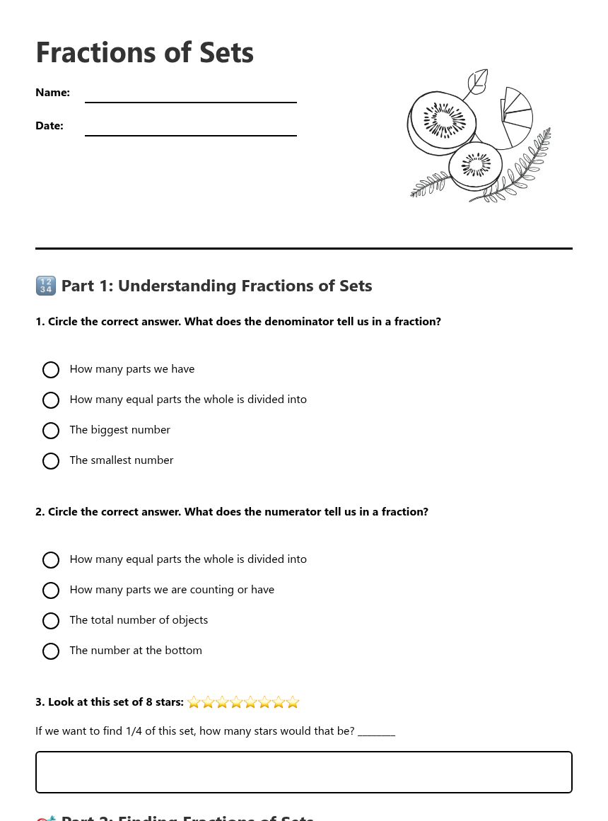 Fractions of Sets — Free Printable Worksheet for Maths | Kuraplan