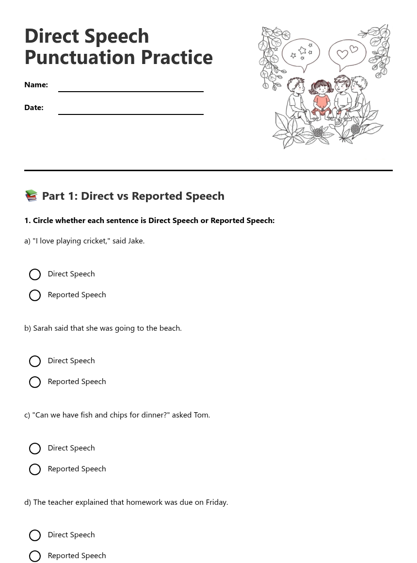Direct Speech Punctuation Practice — Free Printable Worksheet | Kuraplan