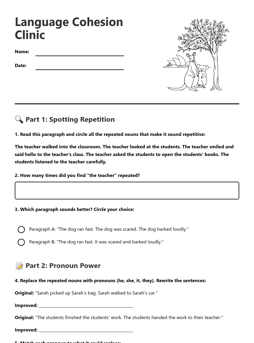 Language Cohesion Clinic — Free Printable Worksheet for English | Kuraplan