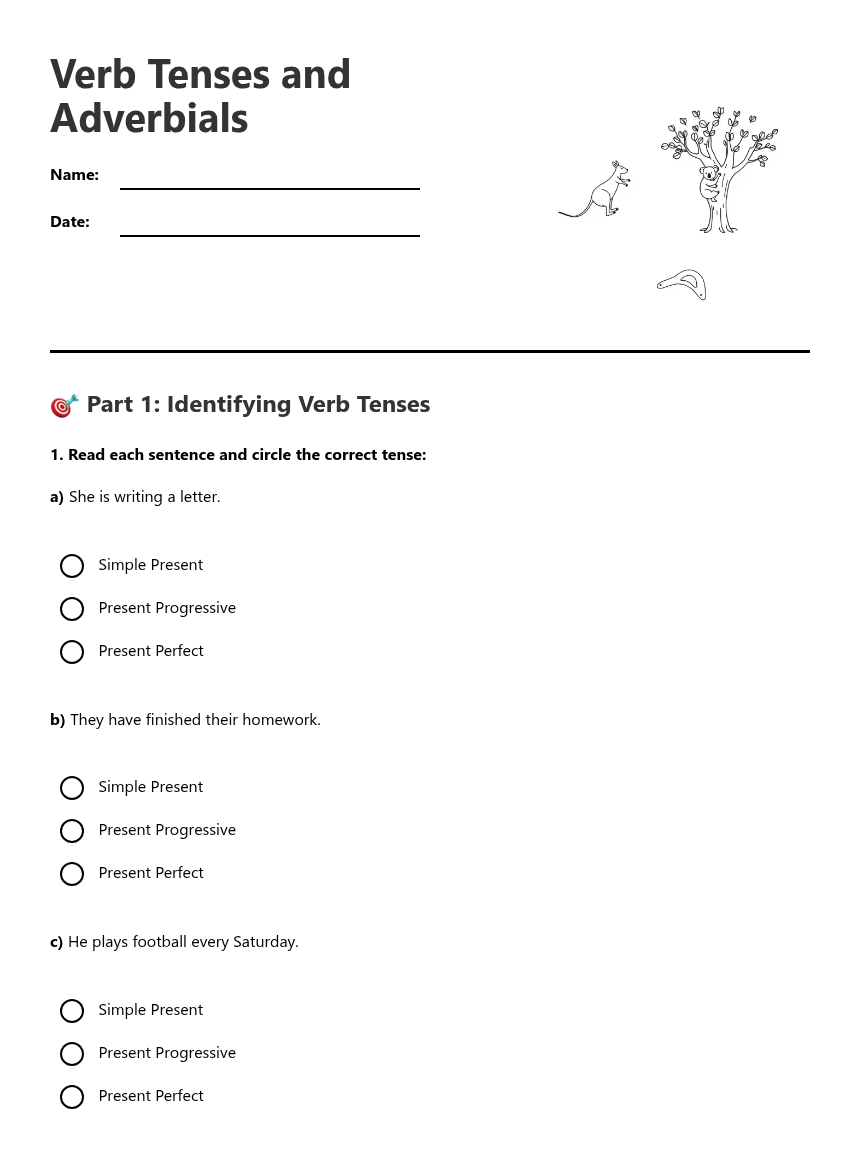 Verb Tenses and Adverbials — Free Printable Worksheet for English ...