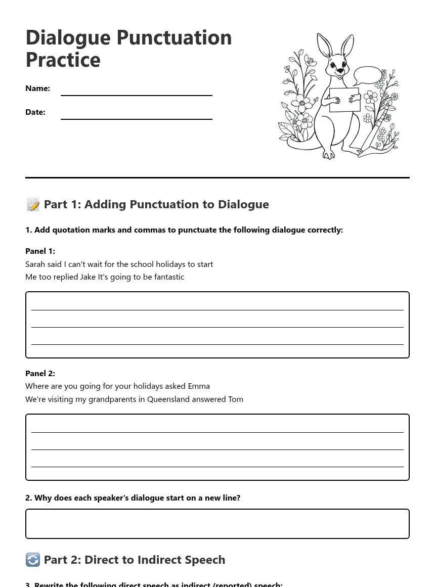 Dialogue Punctuation Practice — Free Printable Worksheet for English ...