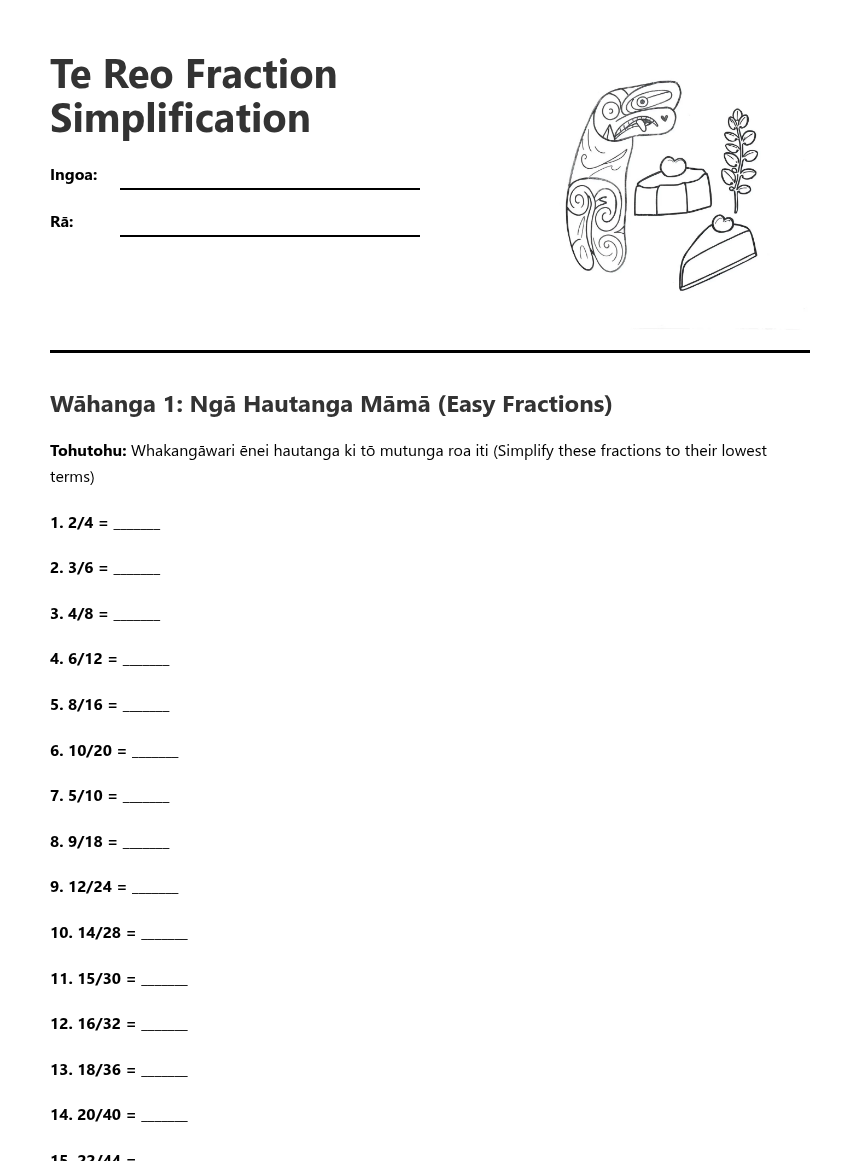 Te Reo Fraction Simplification — Free Printable Worksheet for Maths ...