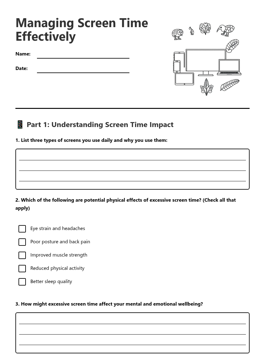 Managing Screen Time Effectively — Free Printable Worksheet for Health ...