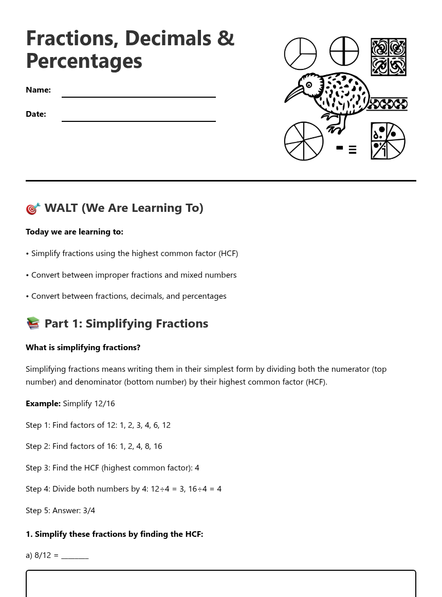 Fractions, Decimals & Percentages — Free Printable Worksheet for Maths ...