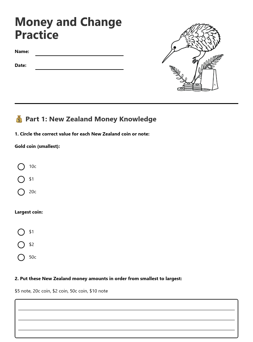 Money and Change Practice — Free Printable Worksheet | Kuraplan