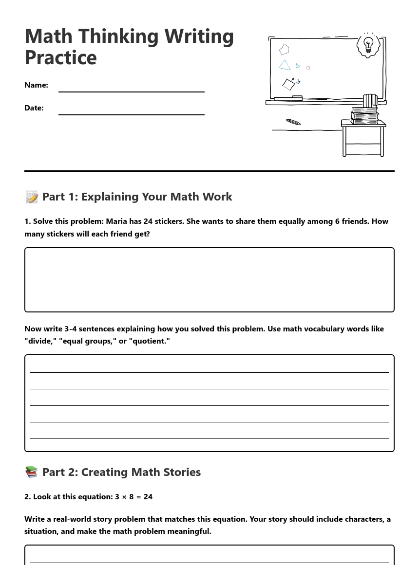 Math Thinking Writing Practice — Free Printable Worksheet for ...