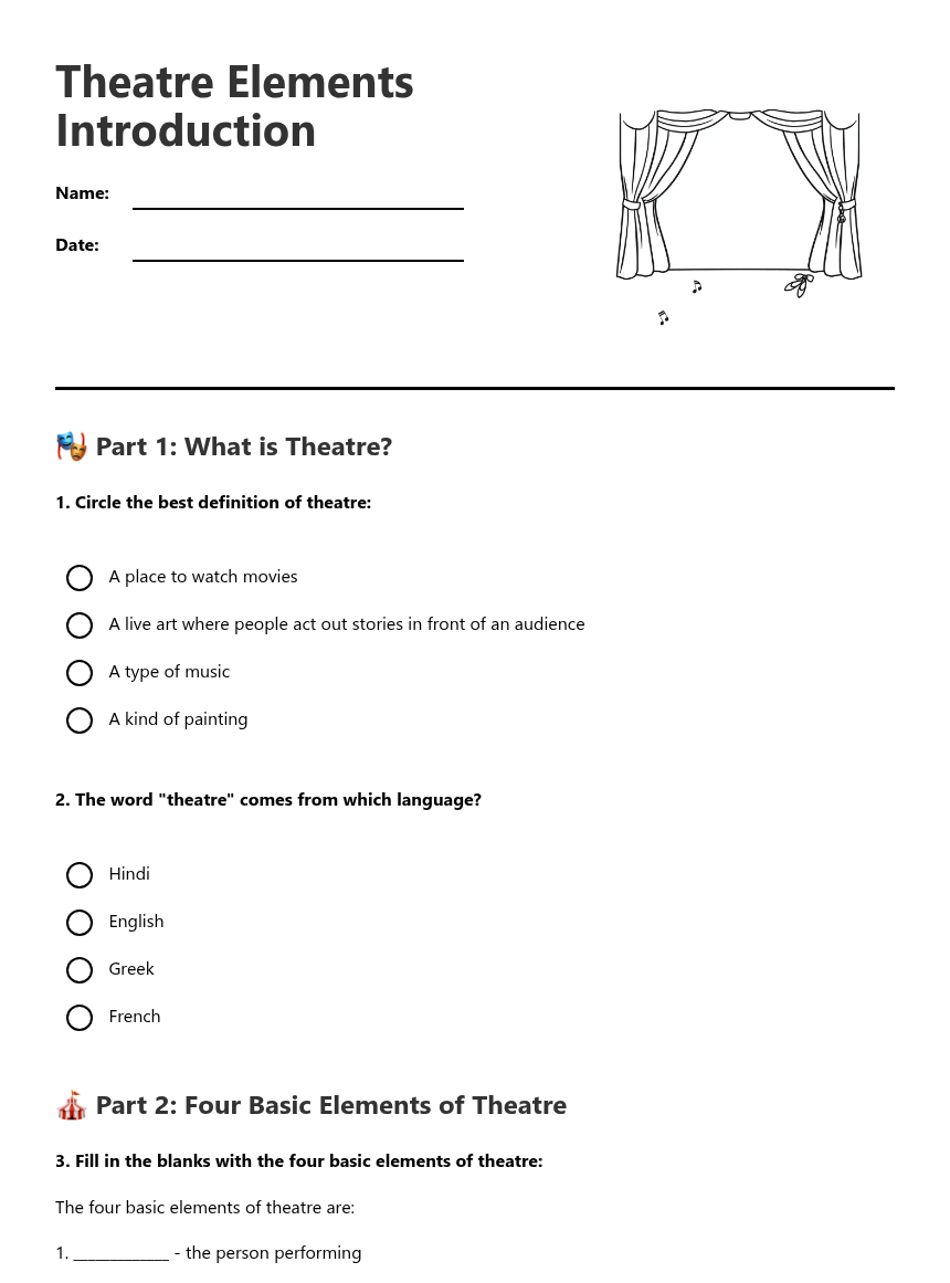 Theatre Elements Introduction — Free Printable Worksheet for Humanities ...