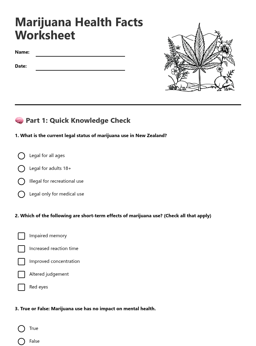 Marijuana Health Facts Worksheet — Free Printable Worksheet for Health ...
