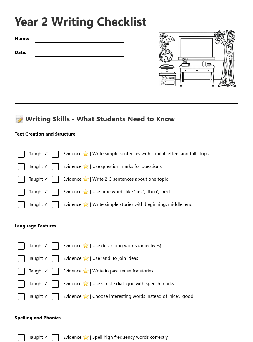 Year 2 Writing Checklist — Free Printable Worksheet | Kuraplan