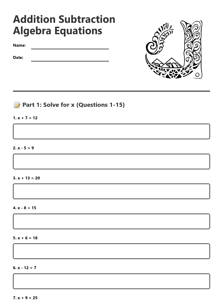 Addition Subtraction Algebra Equations — Free Printable Worksheet ...