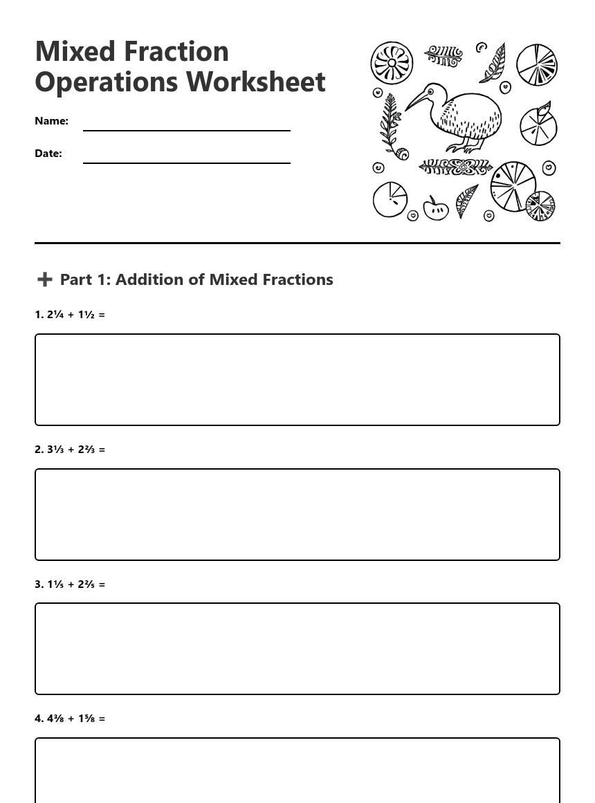 Mixed Fraction Operations Worksheet — Free Printable Worksheet | Kuraplan