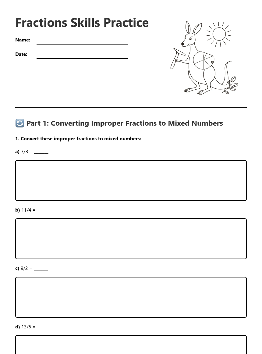 Fractions Skills Practice — Free Printable Worksheet for Mathematics ...