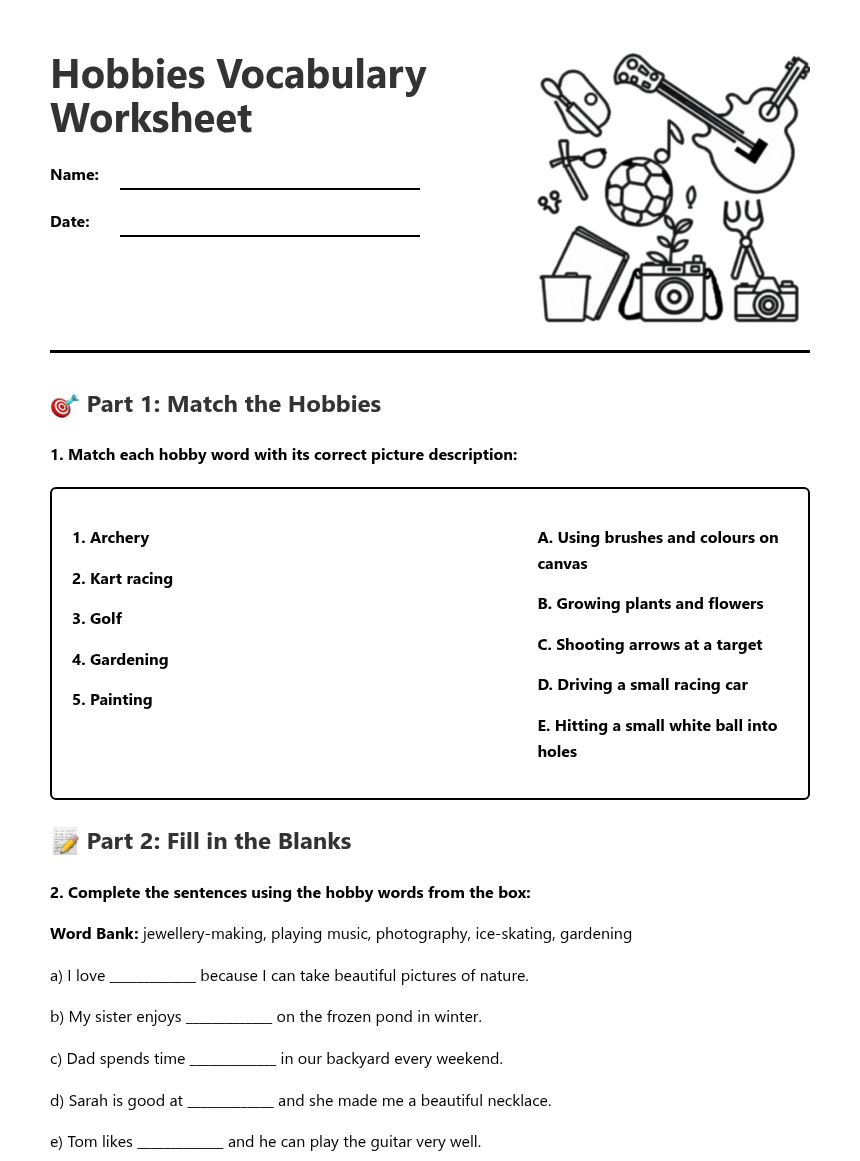 Hobbies Vocabulary Worksheet — Free Printable Worksheet for English ...