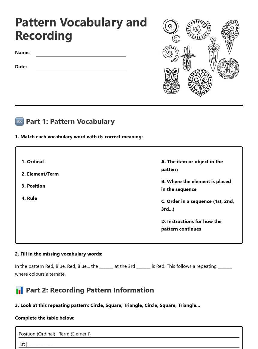 Pattern Vocabulary and Recording — Free Printable Worksheet for Maths ...
