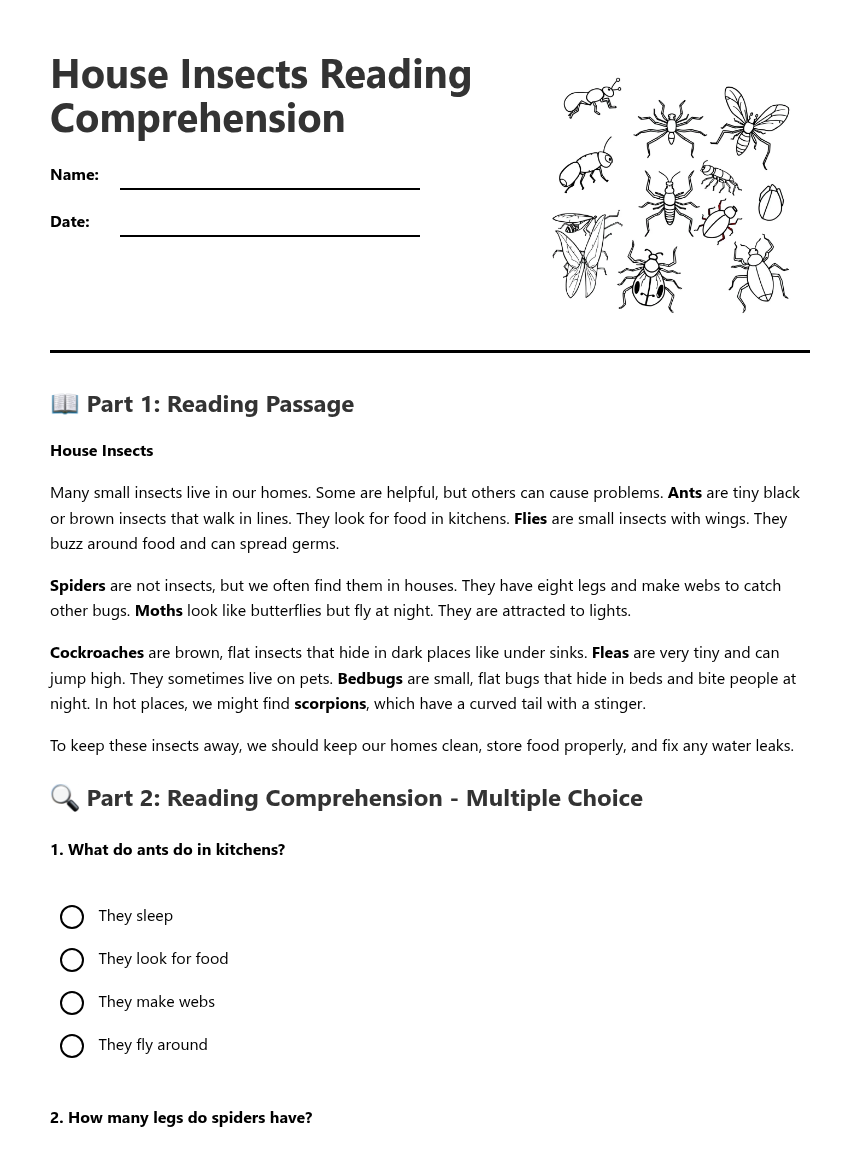 House Insects Reading Comprehension — Free Printable Worksheet | Kuraplan