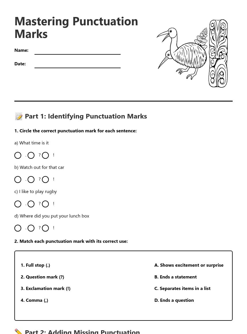 Mastering Punctuation Marks — Free Printable Worksheet | Kuraplan