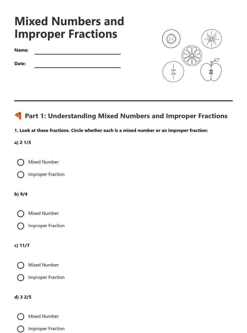 Mixed Numbers and Improper Fractions — Free Printable Worksheet | Kuraplan