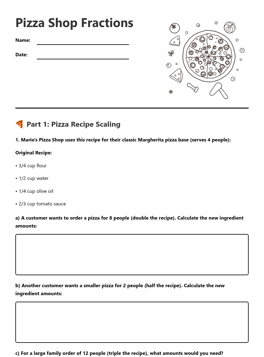 Pizza Shop Fractions — Free Printable Worksheet for Maths | Kuraplan