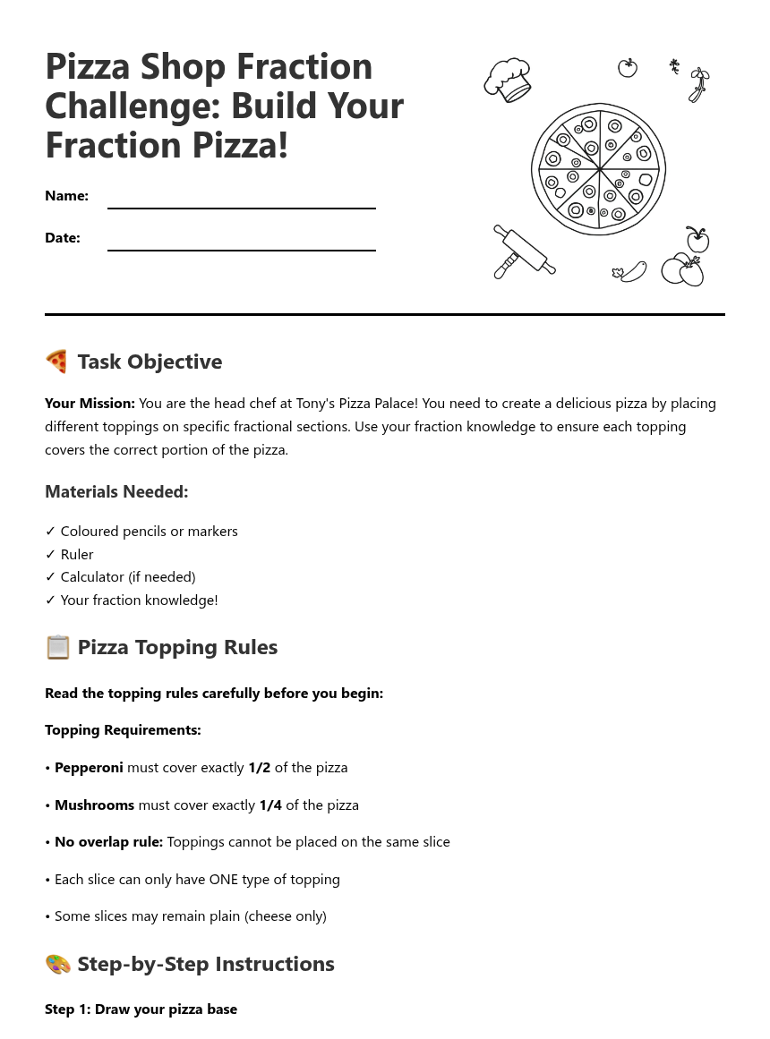 Pizza Fraction Challenge — Free Printable Worksheet for Maths | Kuraplan