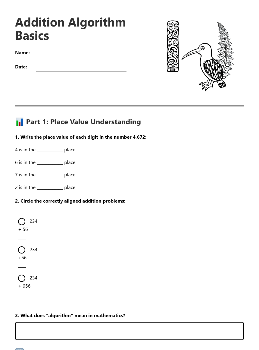 Addition Algorithm Basics — Free Printable Worksheet | Kuraplan